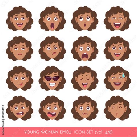 Set Of Female Facial Emotions Black Woman Emoji Character With