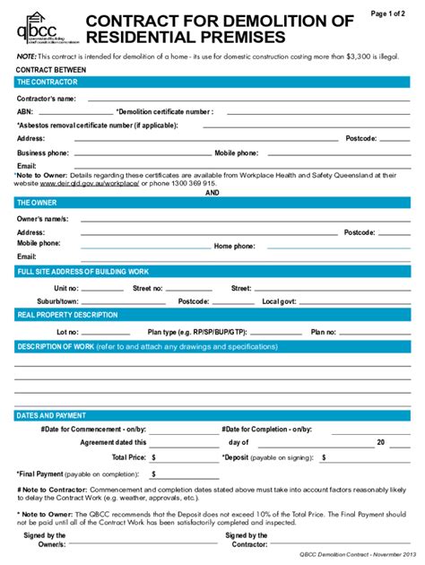 Contract For Demolition Of Residential Premises 2013 2024 Form Fill