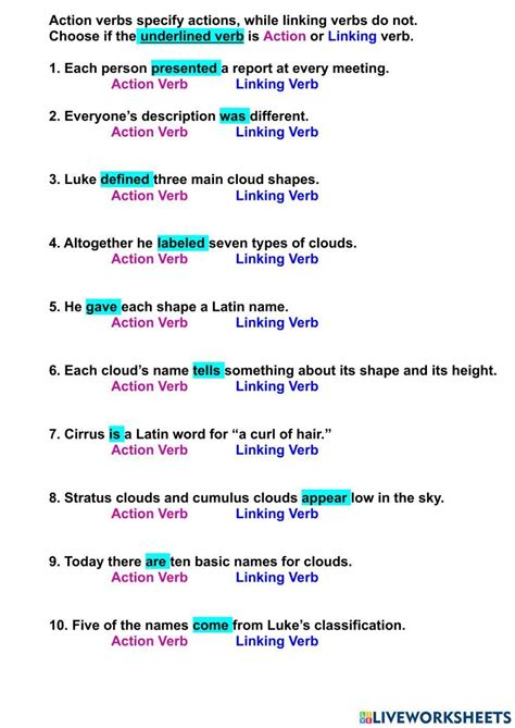 Action Or Linking Verb Worksheet Live Worksheets Worksheets Library