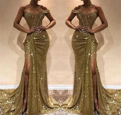 Vintage Gold Sequined Split Prom Dress 2019 Sheer Sweep Train African