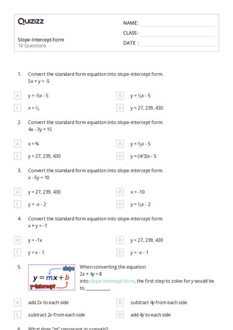 Slope Intercept Form Worksheets For Th Grade On Quizizz Free