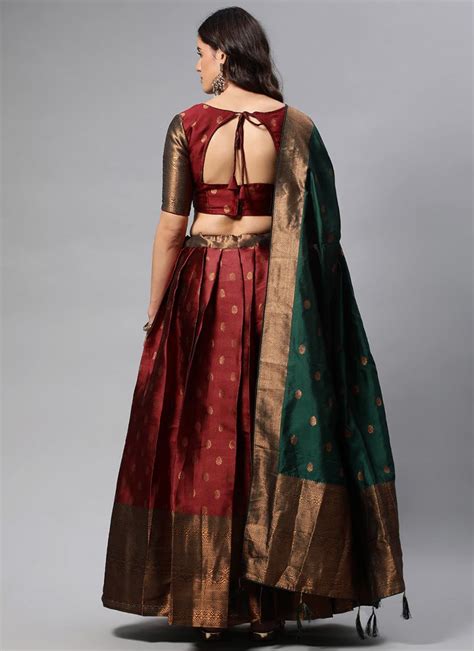 Shop Maroon Jacquard Silk Zari Embossed A Line Lehenga Festive Wear