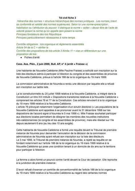 Td civil fiche 3 arrêt fraisse avis motivé arrêt Nicolo et fraisse
