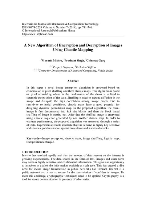pdf a new algorithm of encryption and decryption of images using chaotic mapping chinmay
