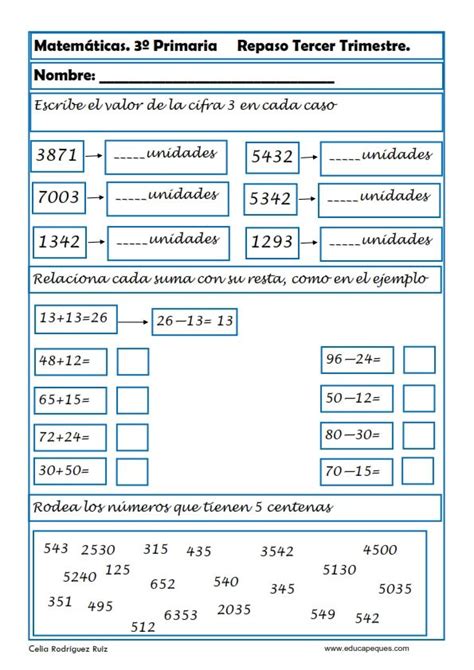 Matemáticas tercero primaria Fichas educapeques Fichas de