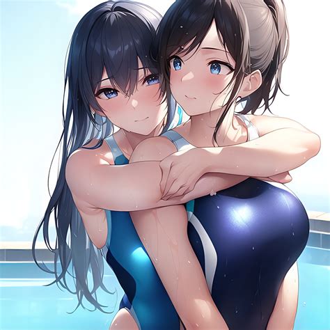 Ponytail Brunette Long Hair Two Women Original Characters Hugging