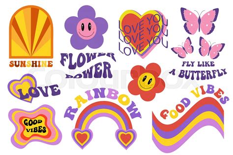 Retro S Hippie Sticker Objects Set Psychedelic Trippy Groovy