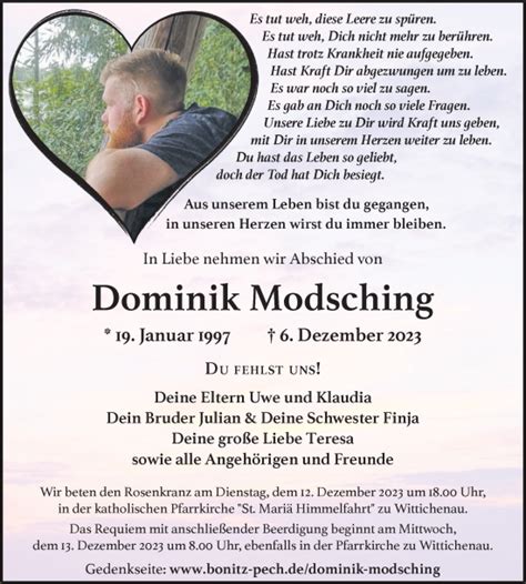 Traueranzeigen Von Dominik Modsching Lr Online Trauer De