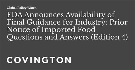Fda Announces Availability Of Final Guidance For Industry Prior Notice