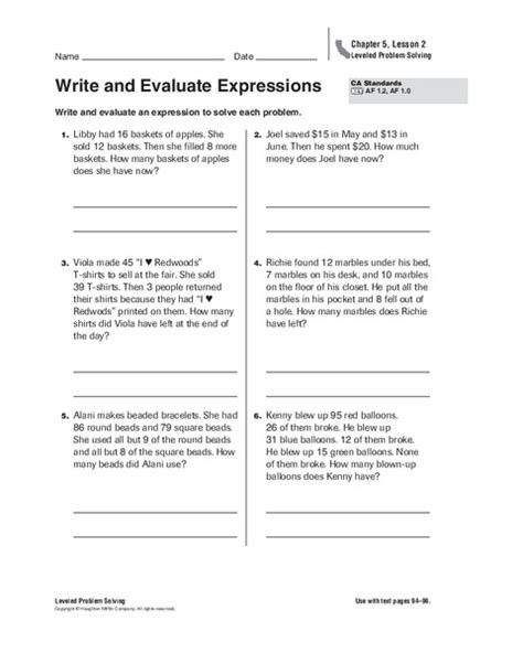 Writing And Evaluating Expressions Worksheet E Streetlight