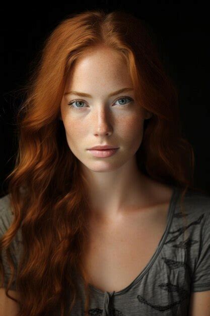 Premium AI Image A Woman With Long Red Hair And Blue Eyes