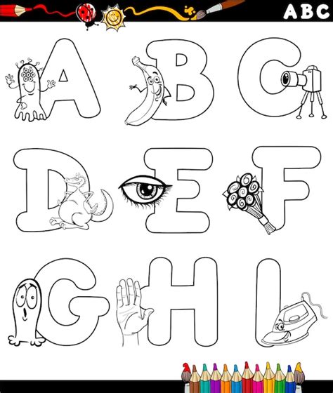 Dibujos animados alfabeto para colorear página Vector Premium