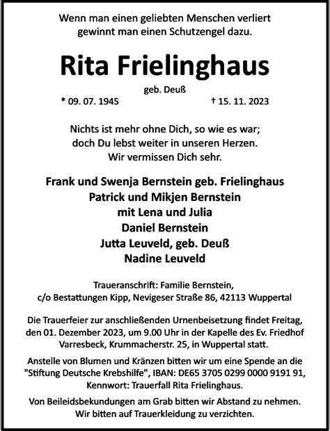 Rita Frielinghaus Traueranzeige Westdeutsche Zeitung