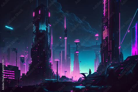 Cyberpunk City Night With Blue And Pink Neon Lights Illumination