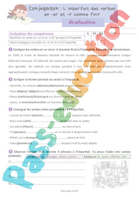 Limparfait des verbes en er et ir comme finir Évaluation de