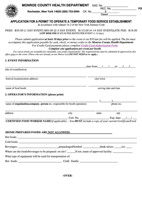 Application Form For A Permit To Operate A Temporary Food Service