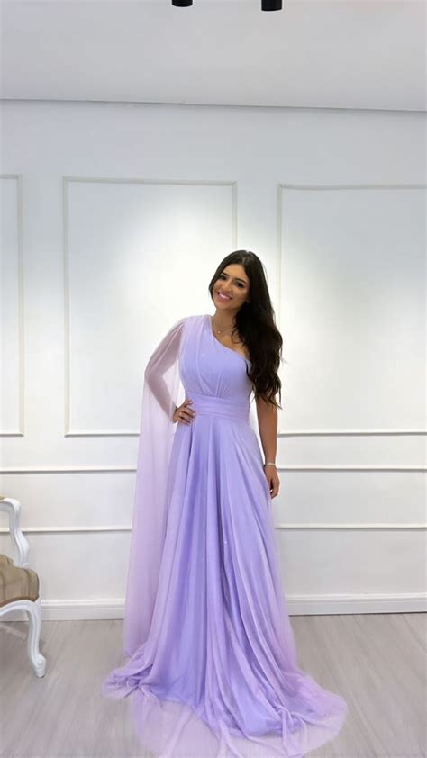 Vestido de Festa Longo uma Manga Mylla Micro Tule Lavanda Lilás Cia