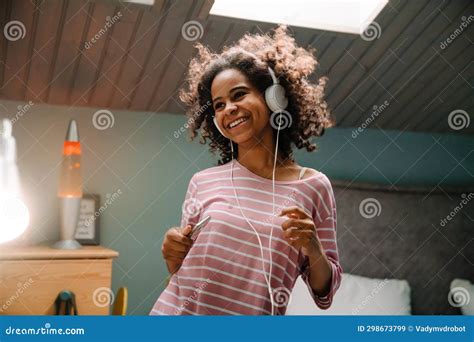 Black Girl In Headphones Listening Music And Laughing While Dancing Stock Image Image Of Dance