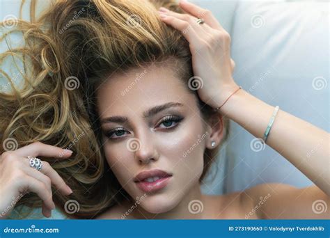 Young Woman In Bed Close Up Portrait Young Sensual Model Lying In Bed Girl Morning Resting In