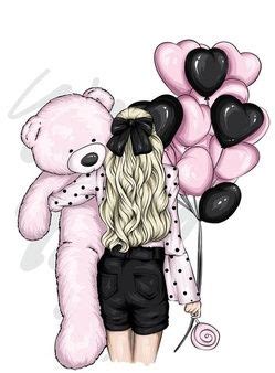Chica Elegante Con Globos Y Corazones Vector Premium Girly Art