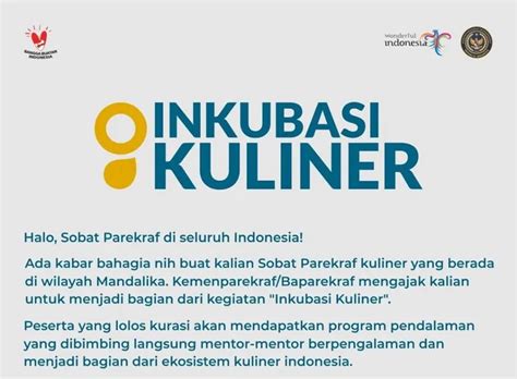 Link Pendaftaran Program Kemenparekraf Inkubasi Kuliner Mandalika Untuk