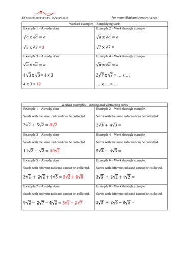 introduction to surds adding and subtracting surds lesson bundle teaching resources