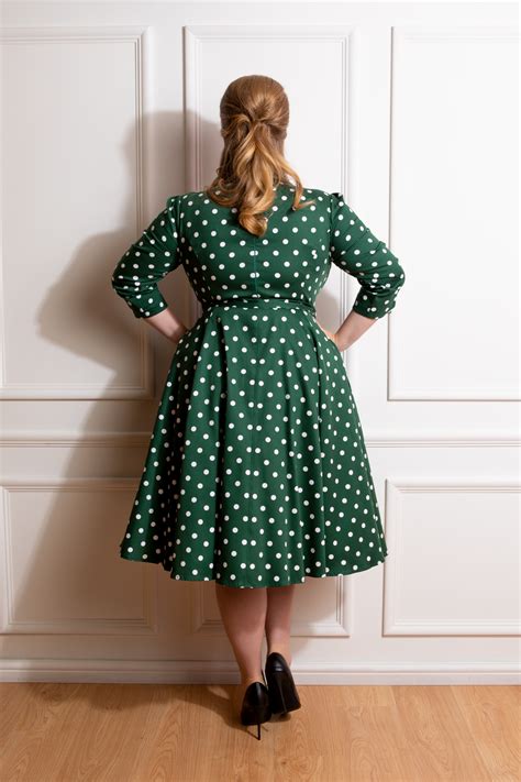Kylie Green Polka Dot Swing Dress In Plus Size Hearts Roses London