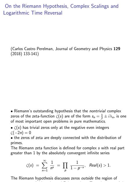 on the riemann hypothesis complex scalings and logarithmic time reversal download free pdf