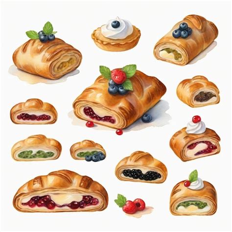 Una colección de pasteles incluyendo uno con una imagen de un croissant