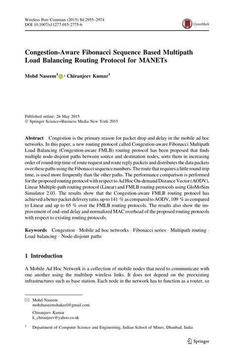 pdf congestion aware fibonacci sequence based multipath load balancing routing protocol for manets