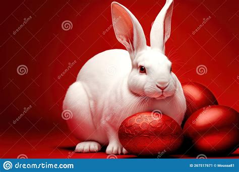 Generative AI Of Cuddly Easter Bunny And Red Eggs Create A Happy