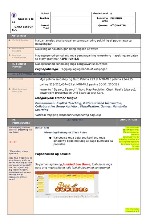 Cot Filipino Th Qtr Lesson Plan Grades To Daily Lesson Log