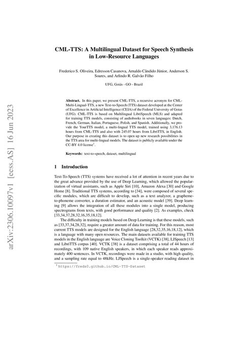 cml tts a multilingual dataset for speech synthesis in low resource languages deepai
