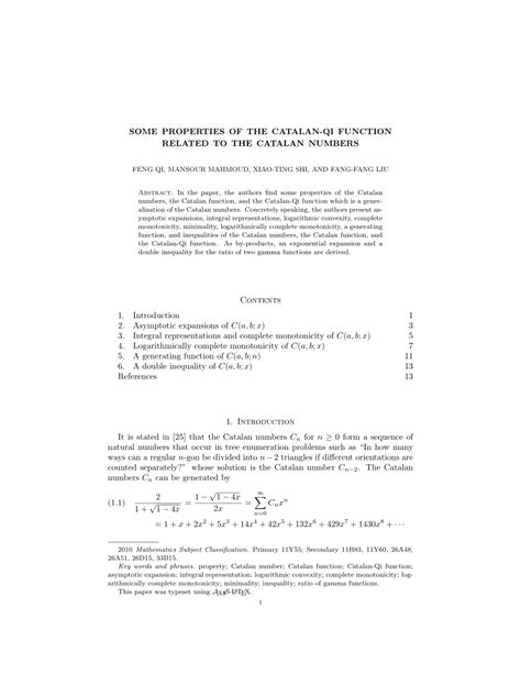 pdf some properties of the catalan qi function related to the catalan numbers