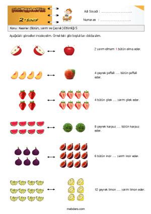 2 Sınıf Matematik Kesirler Çalışma Kağıdı Derslig