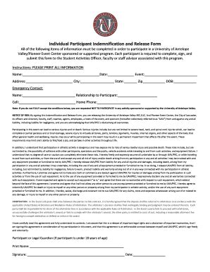 Fillable Online Individual Participant Indemnification And Release Form