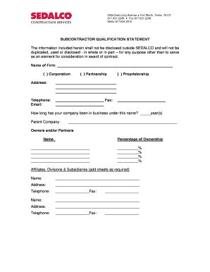 Fillable Online Subcontractor Qualification Statement Sedalco