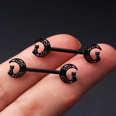 2pcs 14g Black Cat Moon Nipple Piercingnipple Barbellnipple Etsy