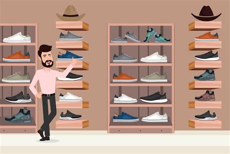 El vendedor está parado en la tienda y vendiendo zapatos Vector Premium