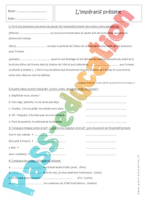 Exercice Conjugaison Étude de la langue 4ème