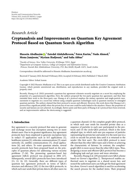pdf cryptanalysis and improvements on quantum key agreement protocol based on quantum search