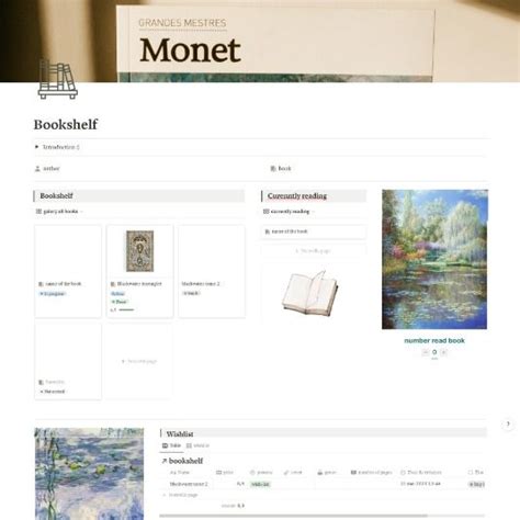 Bookshelf Notion Templates Monet Theme Book Journal Layout Templates