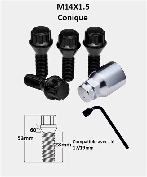 Vis Antivol De Roues M14X1 5 Noir Longueur Filetage 28mm Coniques 60
