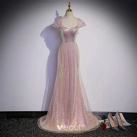 Scintillantes Rougissant Rose Paillettes Robe De Soirée Trompette