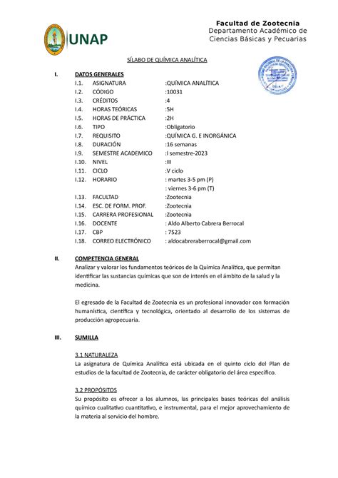 Silabo de Q Analítica 2023 I final SÍLABO DE QUÍMICA ANALÍTICA I