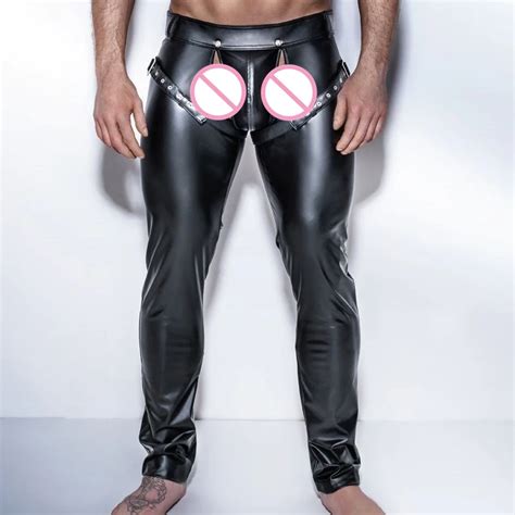 Men Sexy Faux PU Leather Pants Moto Bike Style Black Latex Trousers