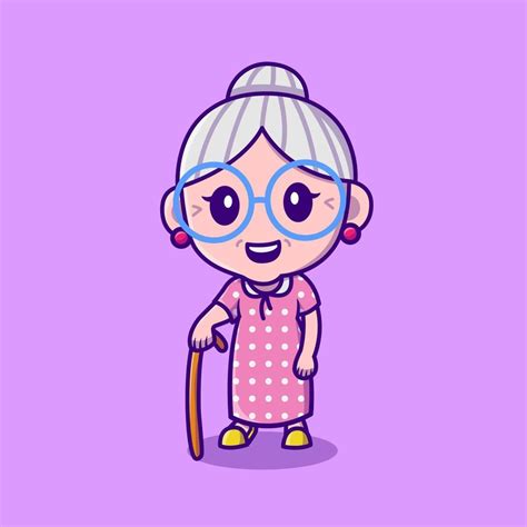 Niedliche Oma Mit Stick Cartoon Vektor Symbol Illustration Menschen