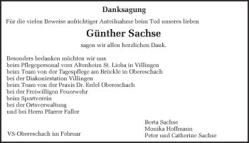 Traueranzeigen von Günther Sachse Schwarzwälder Bote Trauer
