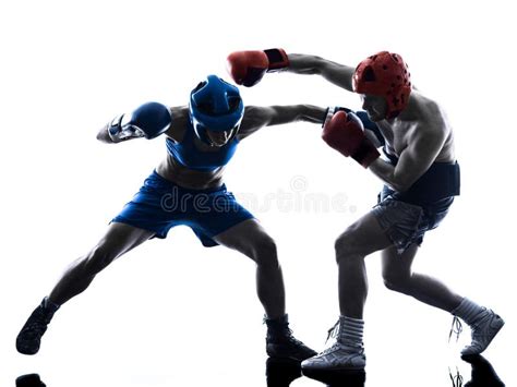 Woman Boxer Boxing Man Kickboxing Silhouette Isolated Stock Photo