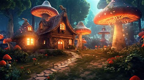 A Magical Forest Village Of Fairies With Mushroom Houses Glowing Trees